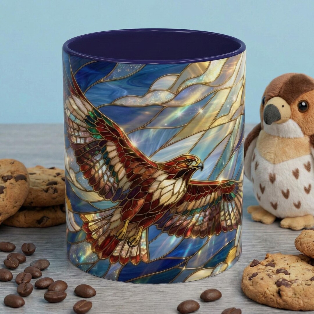 Stained Glass Hawk Mug, Soaring Bird Coffee Mug, Nature Art Hawk Cup ...