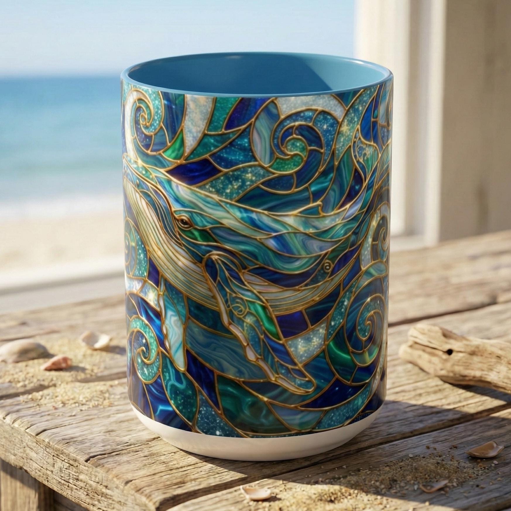 Stained Glass Whale Mug, Ocean Art Coffee Cup, Blue Sea Life Design ...