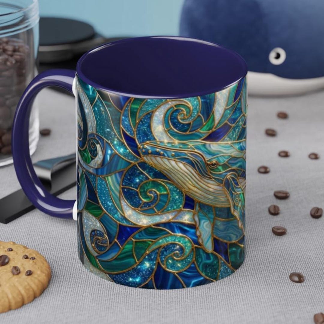 Stained Glass Whale Mug, Ocean Art Coffee Cup, Blue Sea Life Design ...