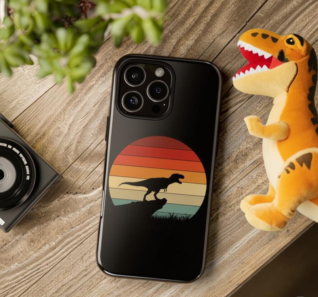Retro Sunset Dinosaur iPhone Case: T-rex Silhouette, Shockproof Dual ...