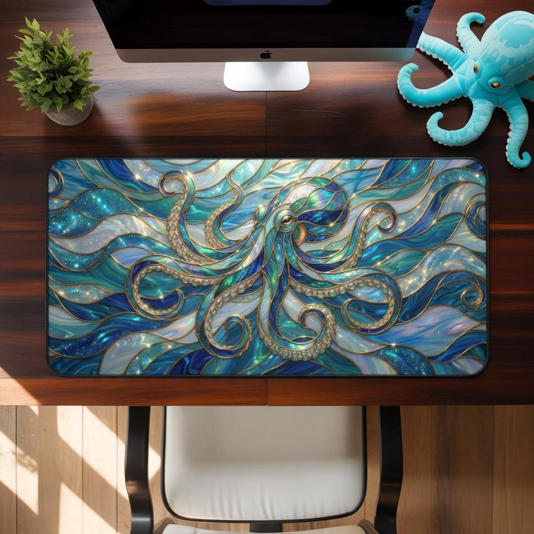 Octopus Desk Mat, Stained Glass Desk Pad, Ocean Desk Mat, Gaming Desk ...