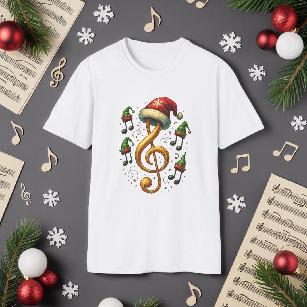 Christmas Music Shirt, Treble Clef Santa Hat Tee, Music Notes Elf Hats ...