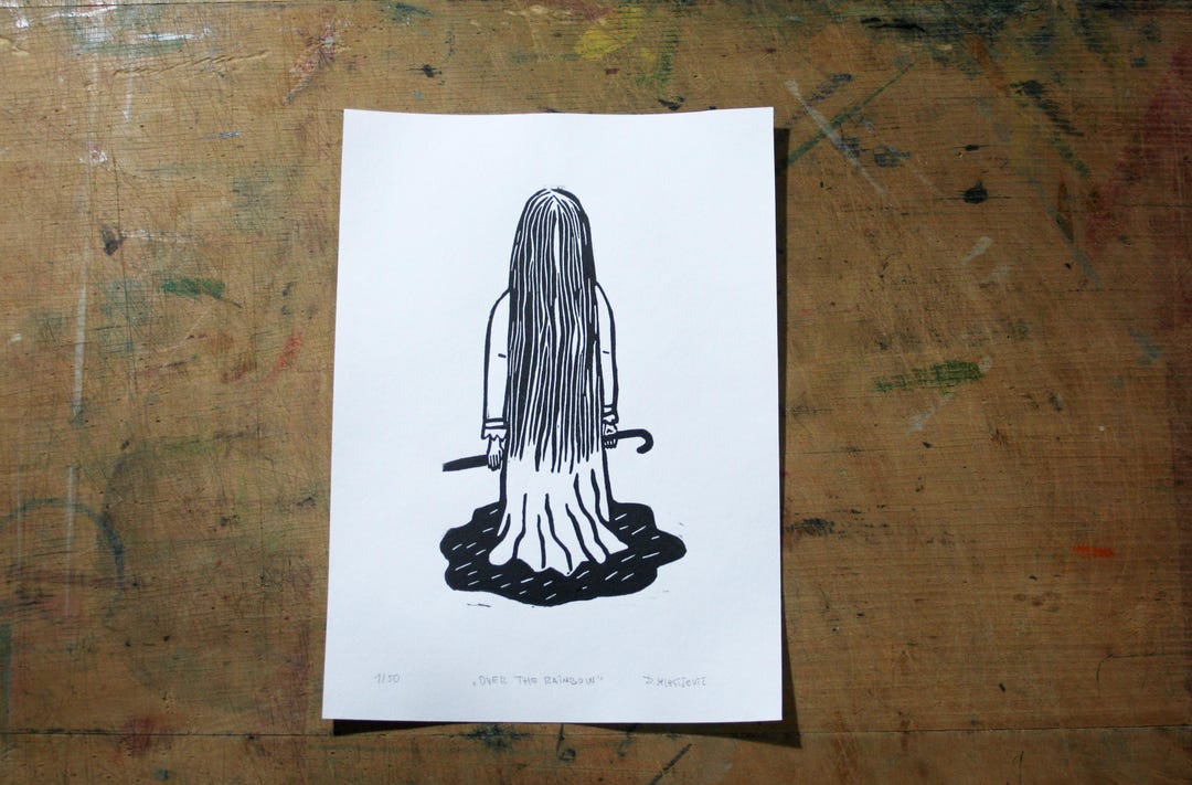 Over the Rainbow – Original Lino Art | Wet Girl on Rainy Day | Horror ...