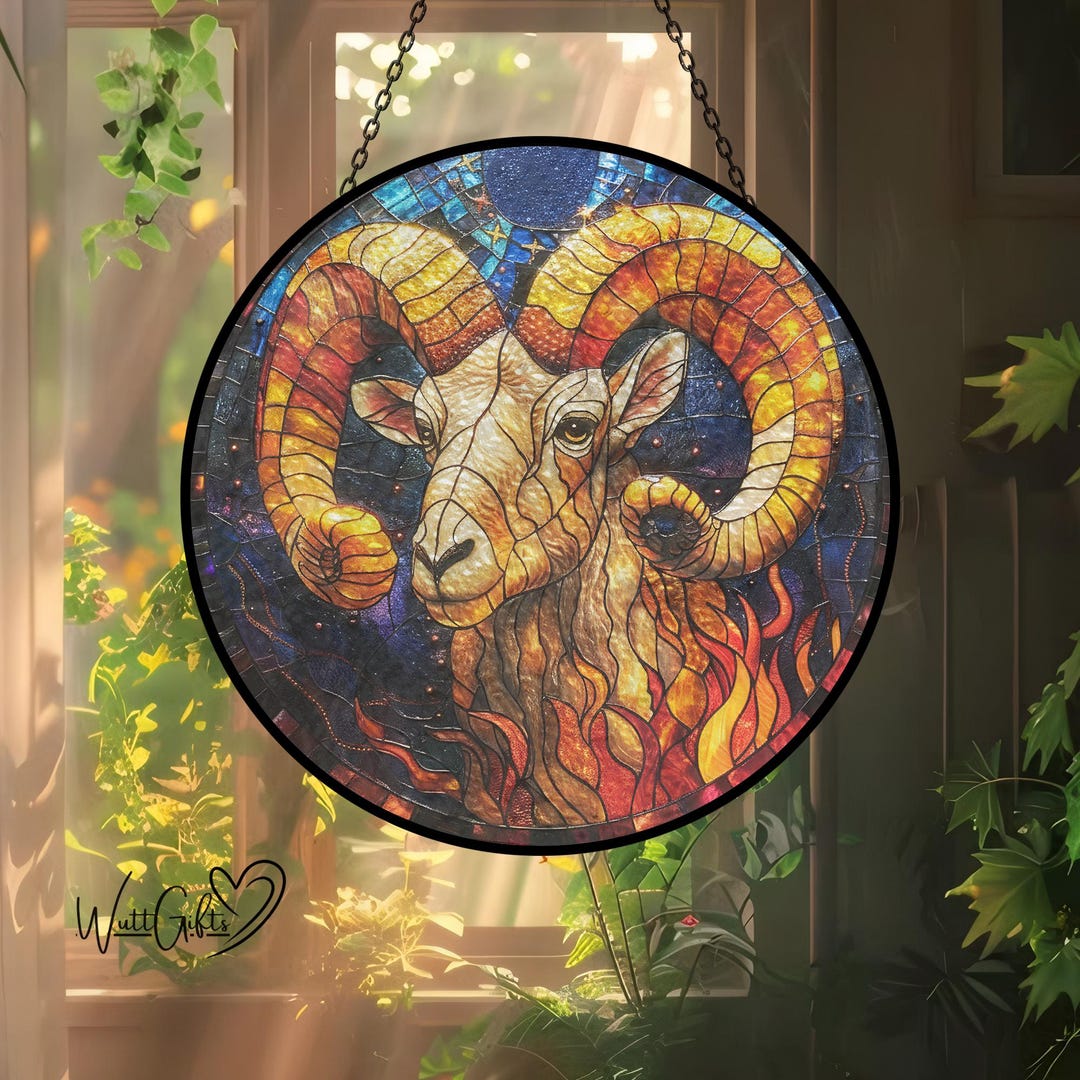 Majestic Ram Sun Catcher, Stained Glass Sun Catcher, Zodiac Aries Art ...