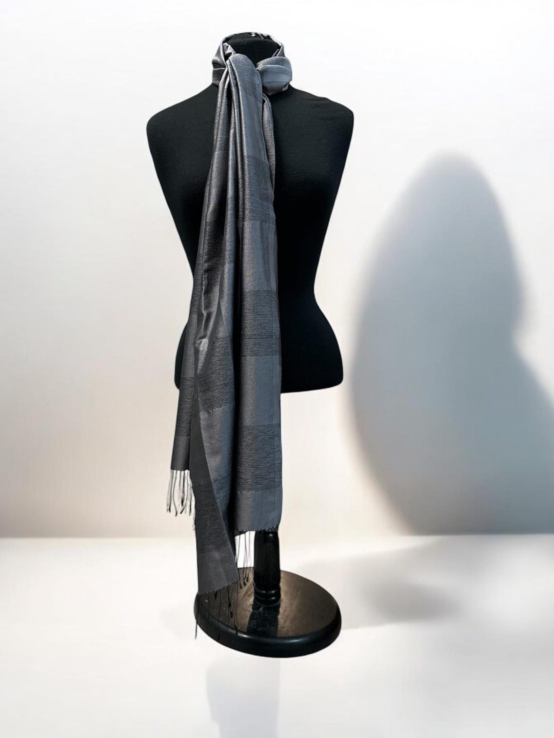 Charcoal Grey Pure Silk Stole With Elegant Checkered Weave – Luxury ...