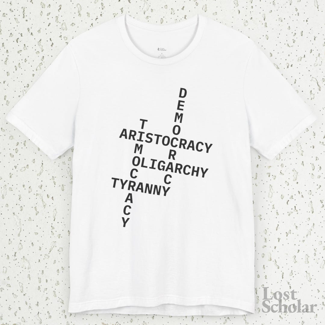 Plato's 5 Governments T-shirt, Aristocracy Timocracy Oligarchy ...
