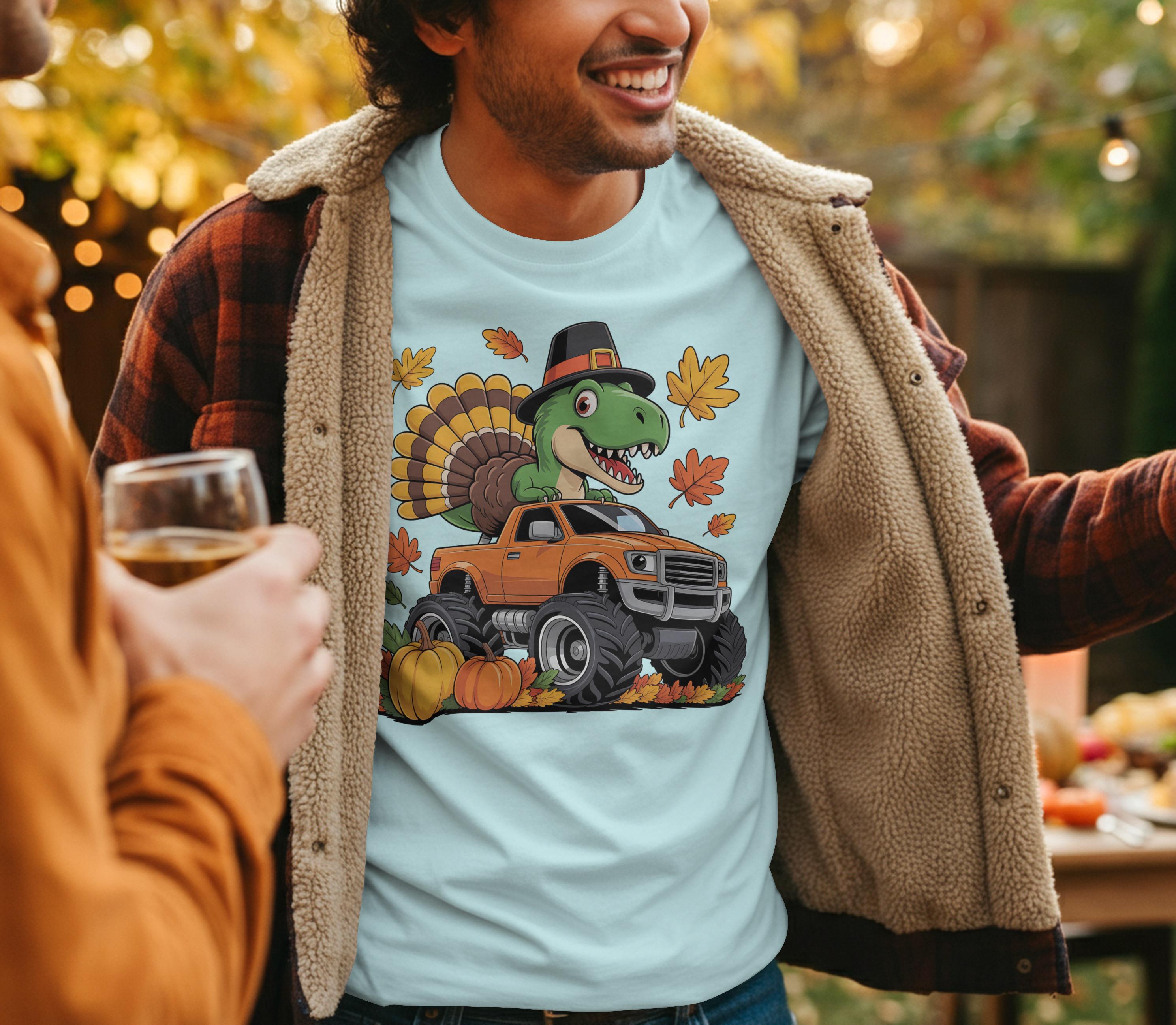 Funny Thanksgiving T-rex Turkey Truck: Dino Fall Leaves PNG (digital ...