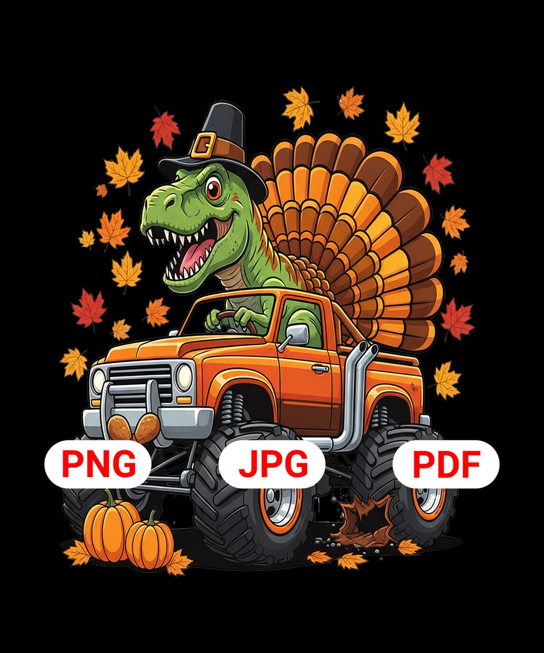 Funny Thanksgiving T-rex Turkey Truck PNG: Dino Fall Leaves (digital ...