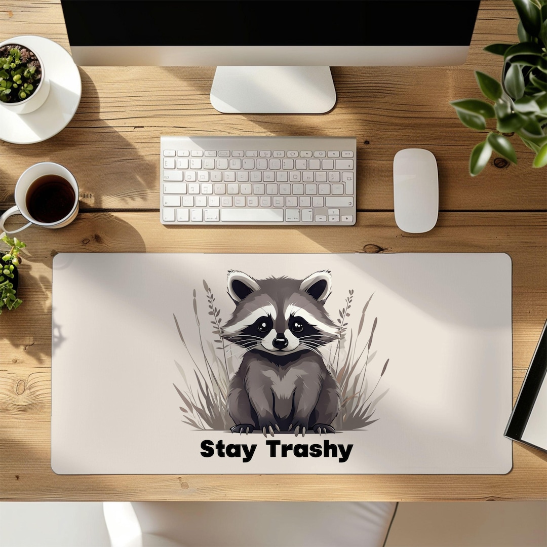 Cartoon Raccoon Desk Mat, Stay Trashy Mouse Pad, Funny Animal Office ...