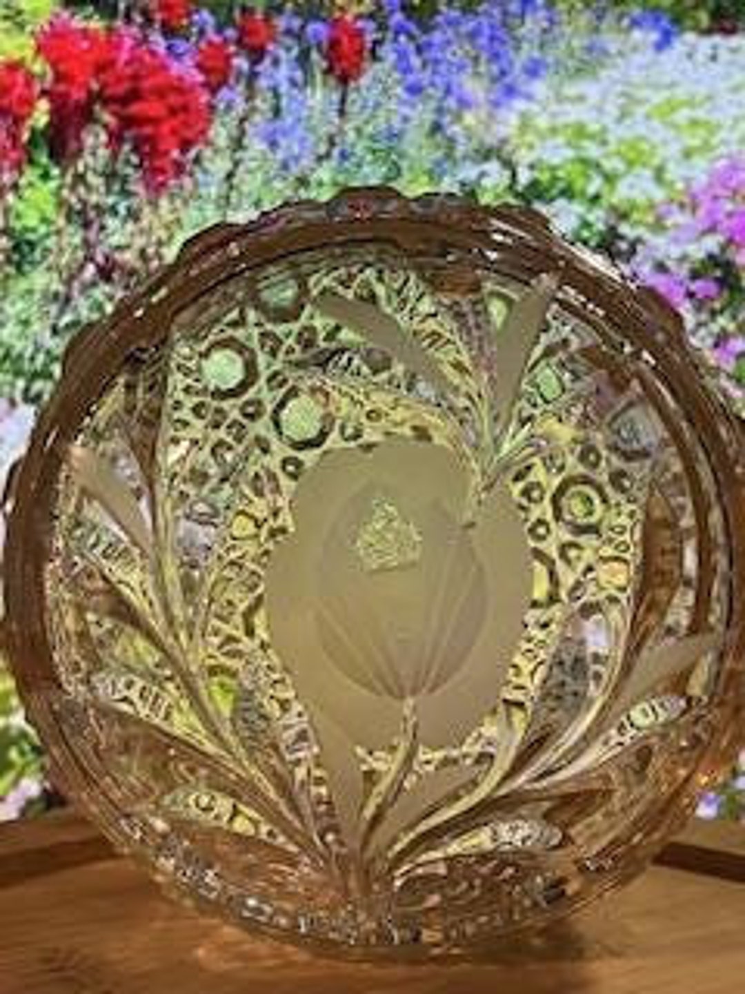 Ormolu Brass Trim Crystal Round Casket Hinged Jewelry Box With Etched ...