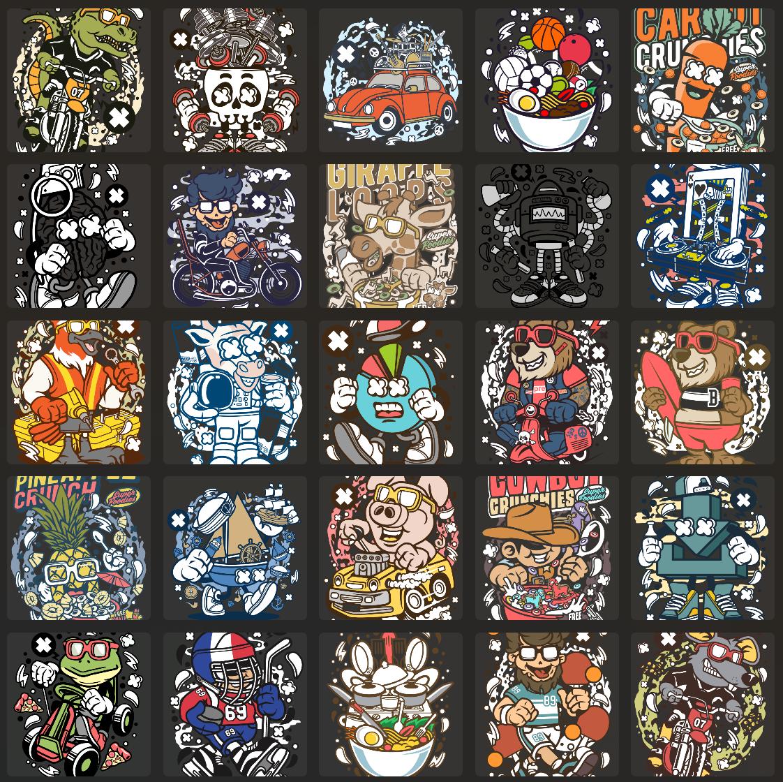 200 Whacky Cartoon Designs Bundle - Fun Characters, Animals, Vehicles ...