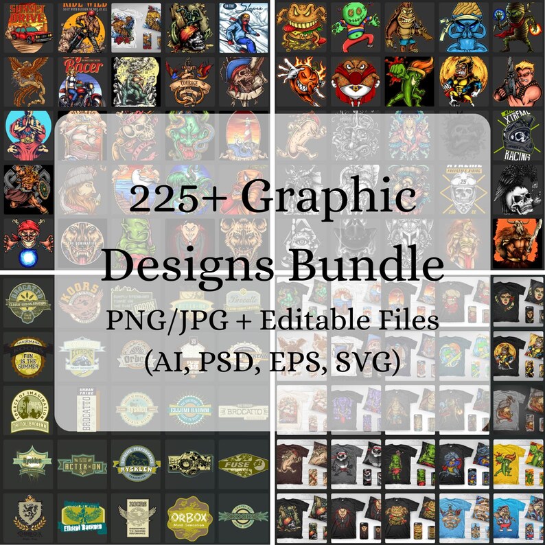225+ Graphic Designs Bundle: Logos, Badges, T-shirt Designs & More | Ai ...