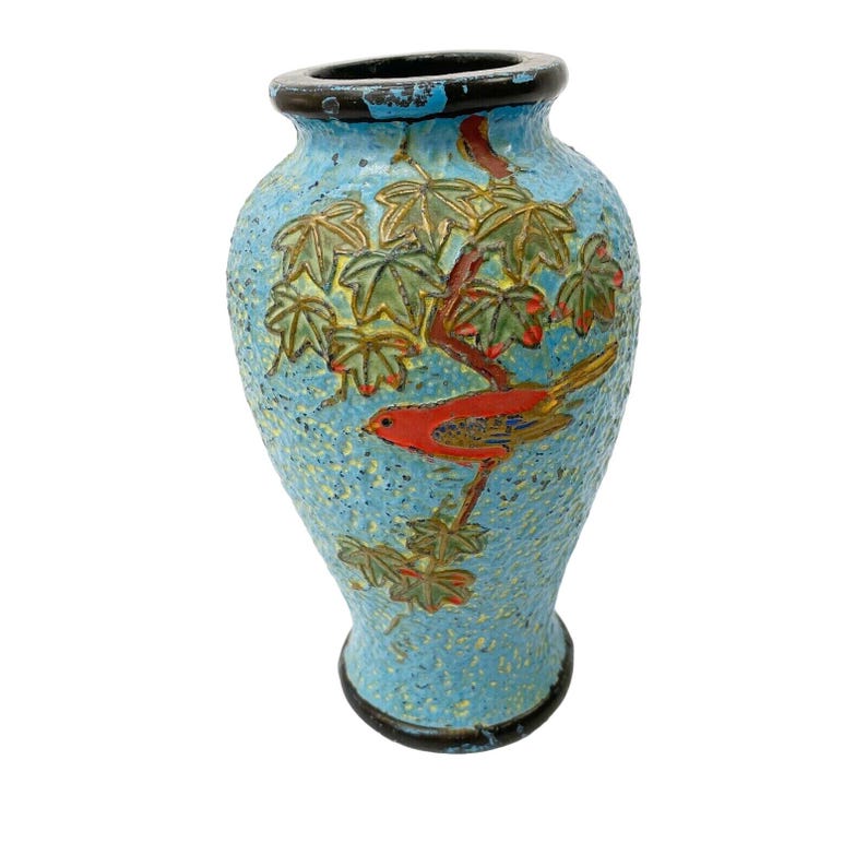 Vintage Japanese Tokanabe Ware Bird on Branch Blue Flower VASE Art ...