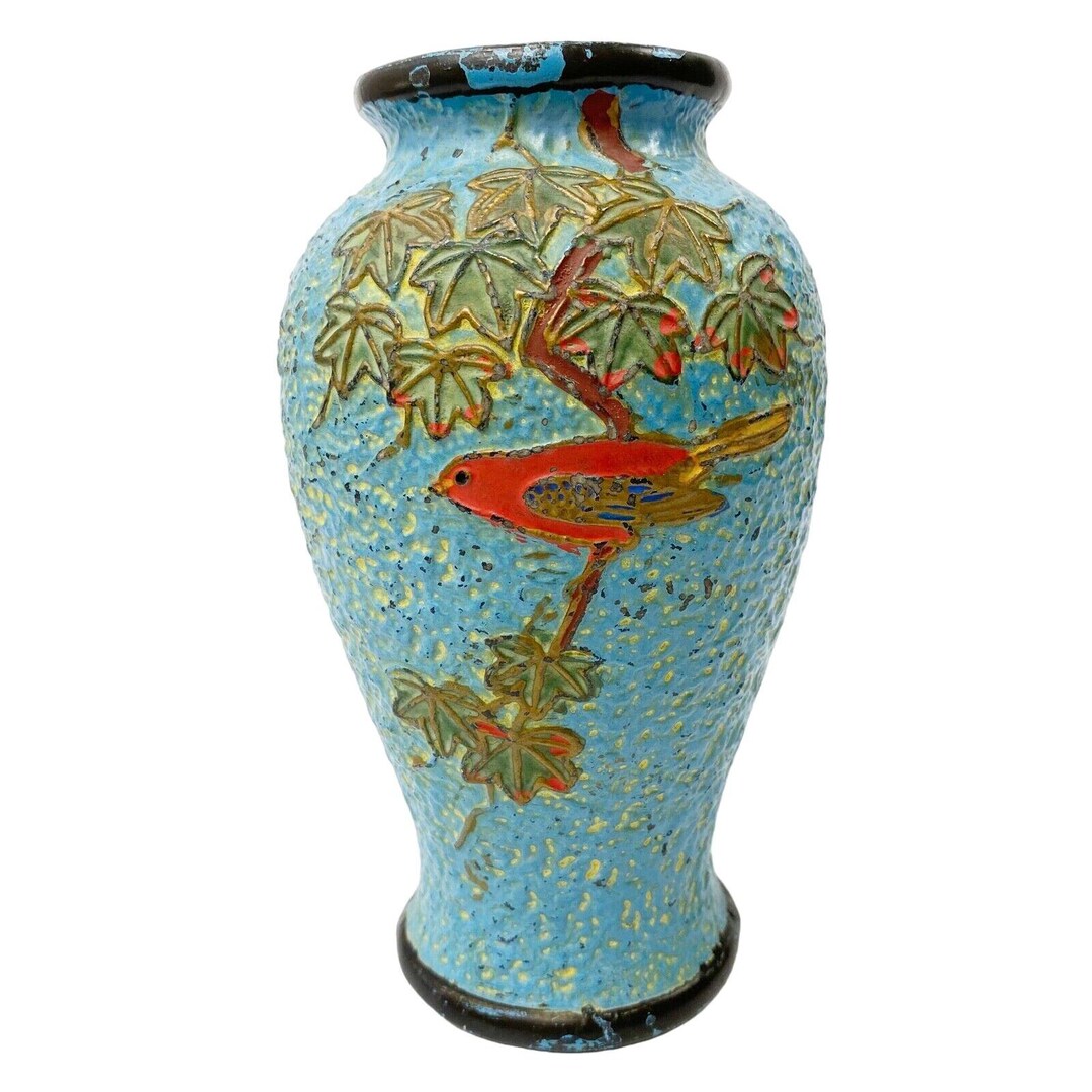 Vintage Japanese Tokanabe Ware Bird on Branch Blue Flower VASE Art ...