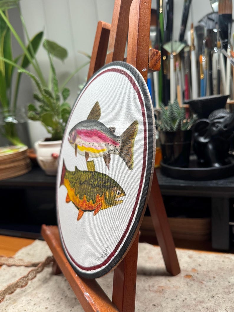 8" X 8" Original Acrylic Painting on Round Canvas/ Rainbow Trout Fish W ...