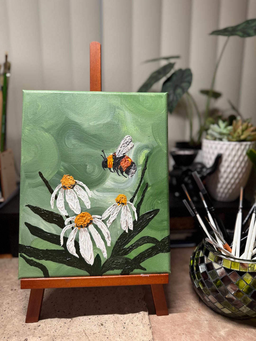 8" X 10" Original Acrylic Painting on Canvas/ White Daisy Honey Bee ...