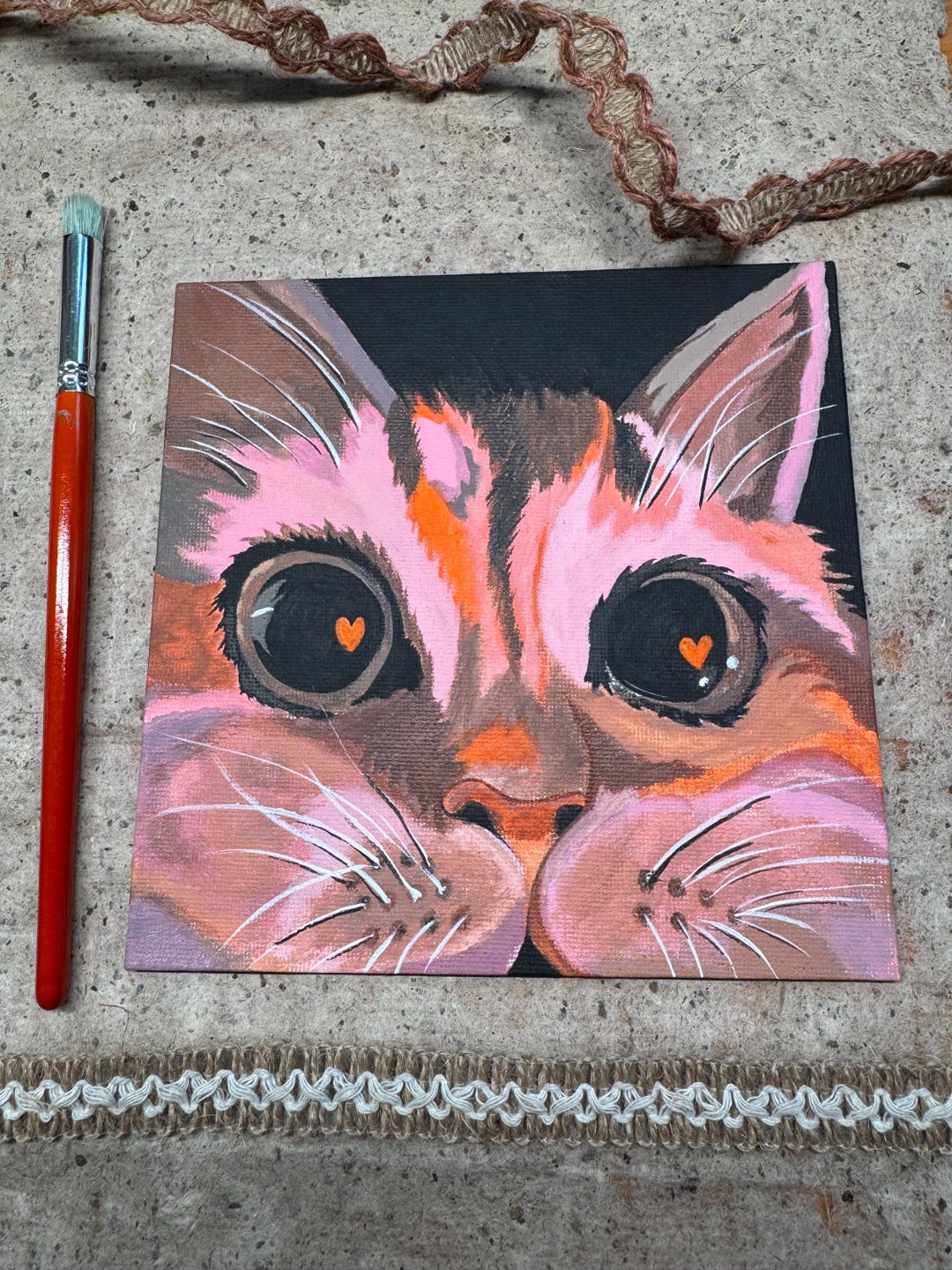 Pink Cat Painting, Original Acrylic Art on Canvas, Kids Decor (6x6) - Etsy