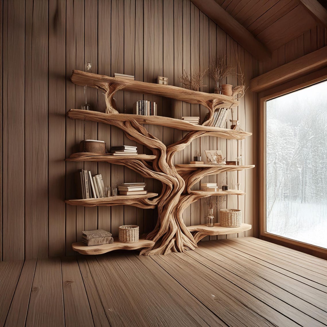 Live Edge Rustic Tree Bookshelf Handmade Solid Wood Bookcase Nature ...