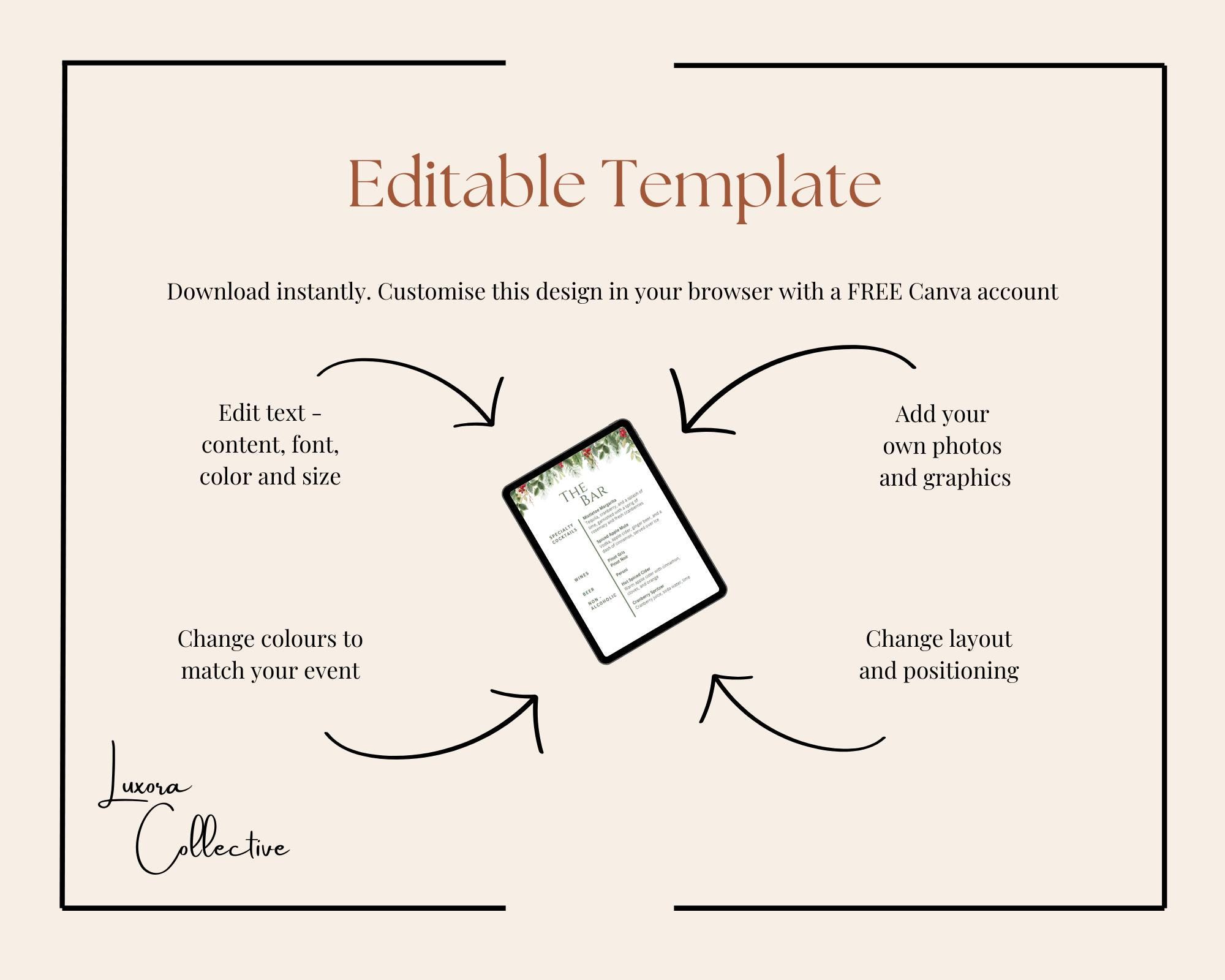 Christmas Bar Menu Template, Editable Xmas Menu, Canva Template Sized ...