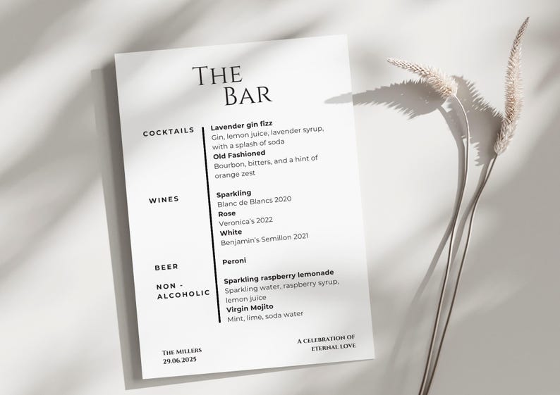 Elegant Wedding Bar Menu Template, Beverage Menu, Drinks Menu, Editable ...