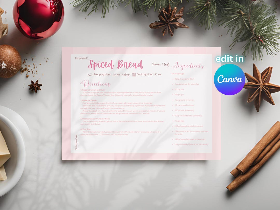 Editable Christmas Recipe Card Pink Coquette Style Striped Template ...