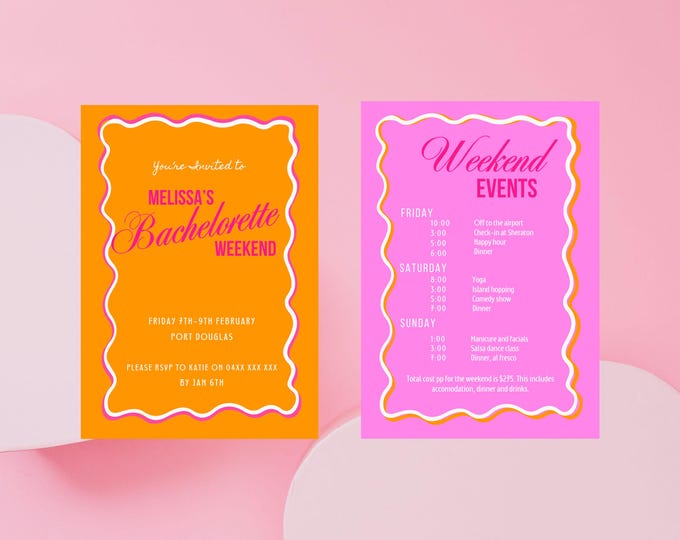 Hens Weekend Wavy Invite Orange and Pink Bachelorette Weekend ...