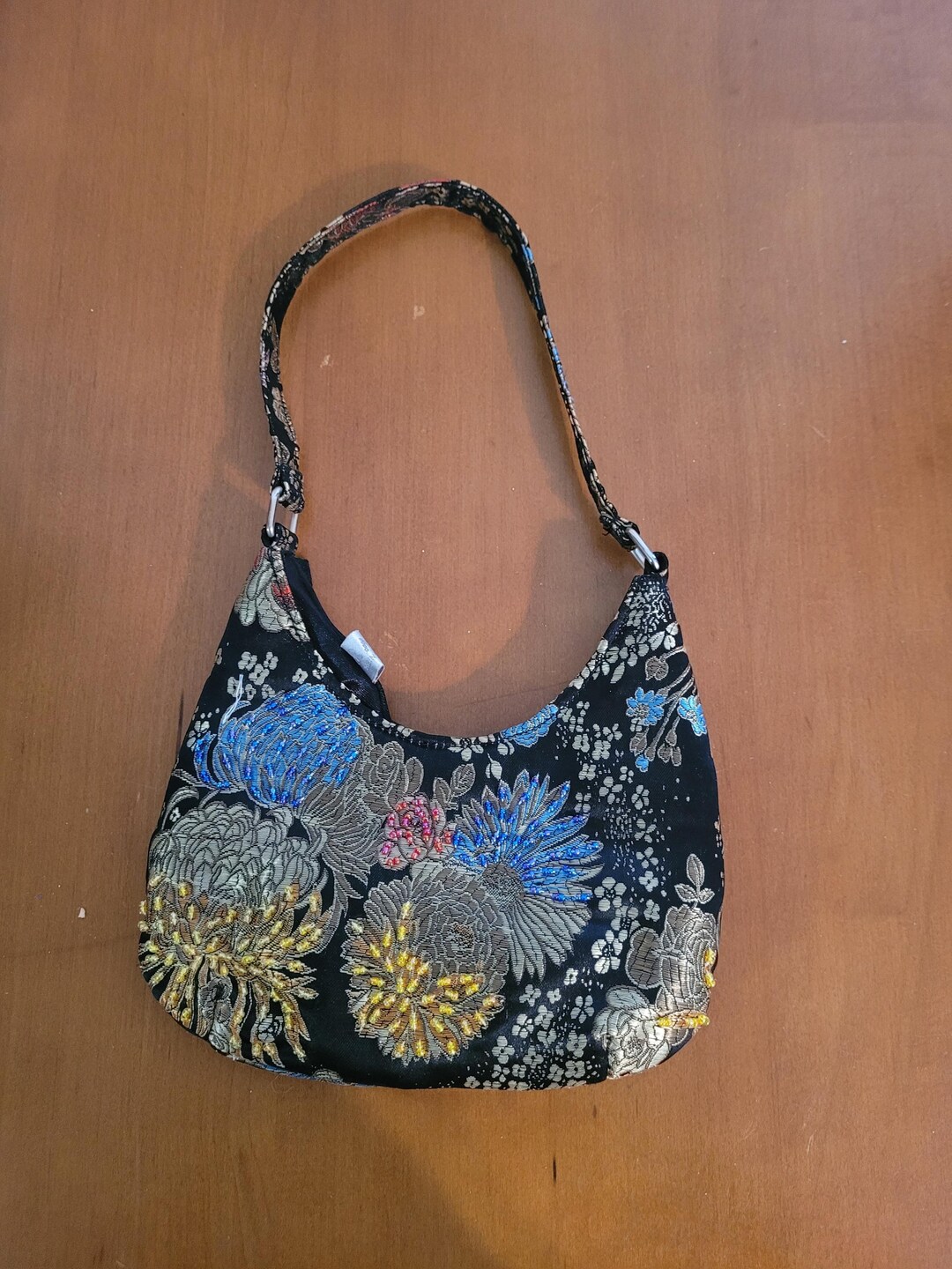Vintage ERMO Beaded Floral Shoulder Bag | Y2K Black & Gold Brocade Mini ...