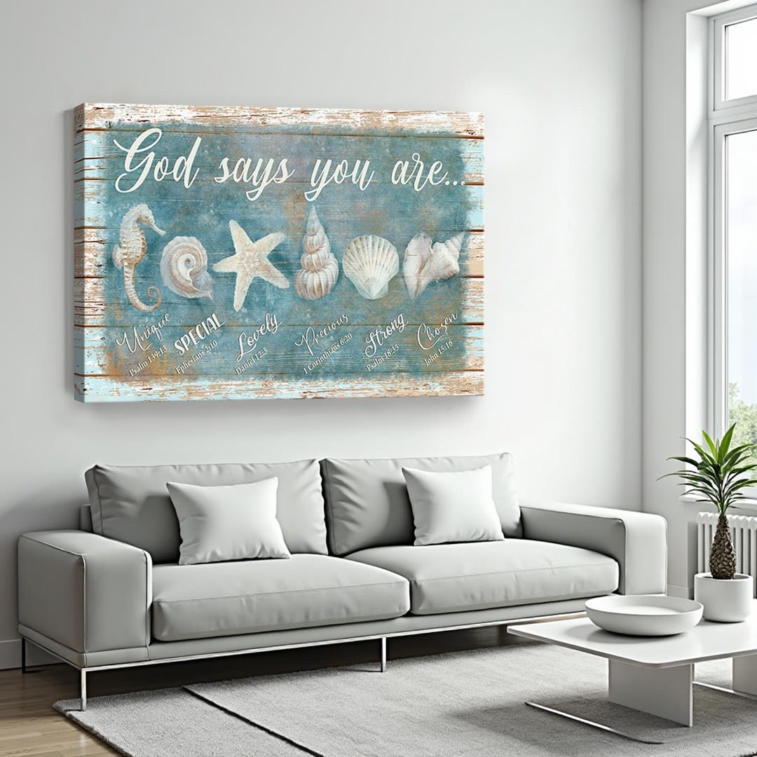 God Says You Are, Jesus Landscape Canvas Prints, Seashells Painting ...