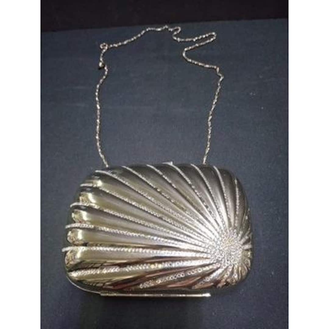 Vintage Silver Tone Clam Shell Rhinestone Sunburst Purse With Chain ...