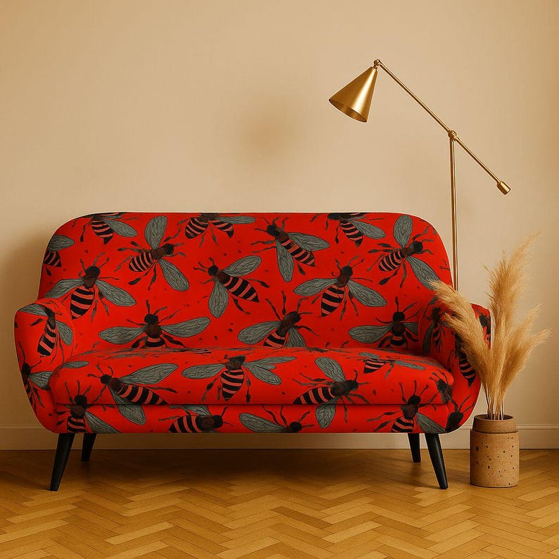 Red Bee Pattern Upholstery Fabric: Home Decor Textile by the Yard - Etsy