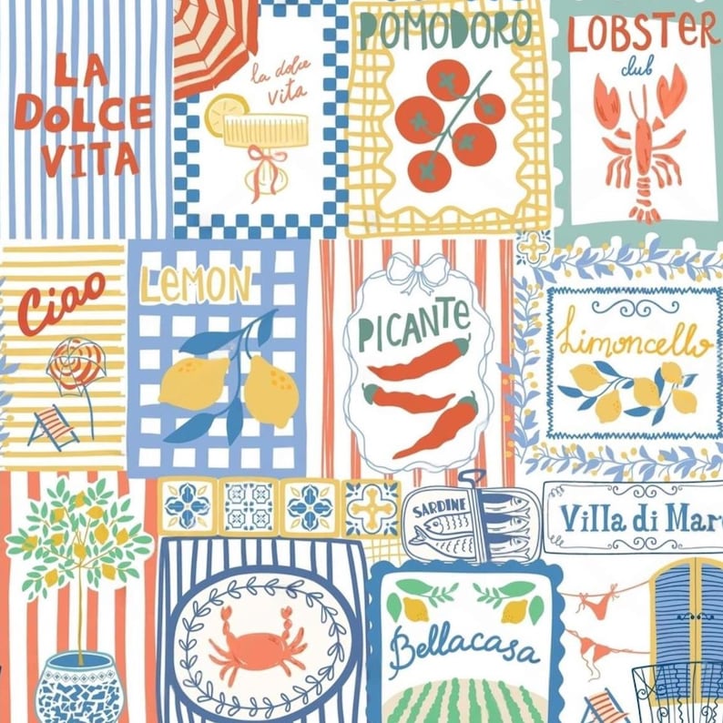 Italian Coastal Upholstery Fabric: Flower Lemon, Tomato, Lobster Print ...