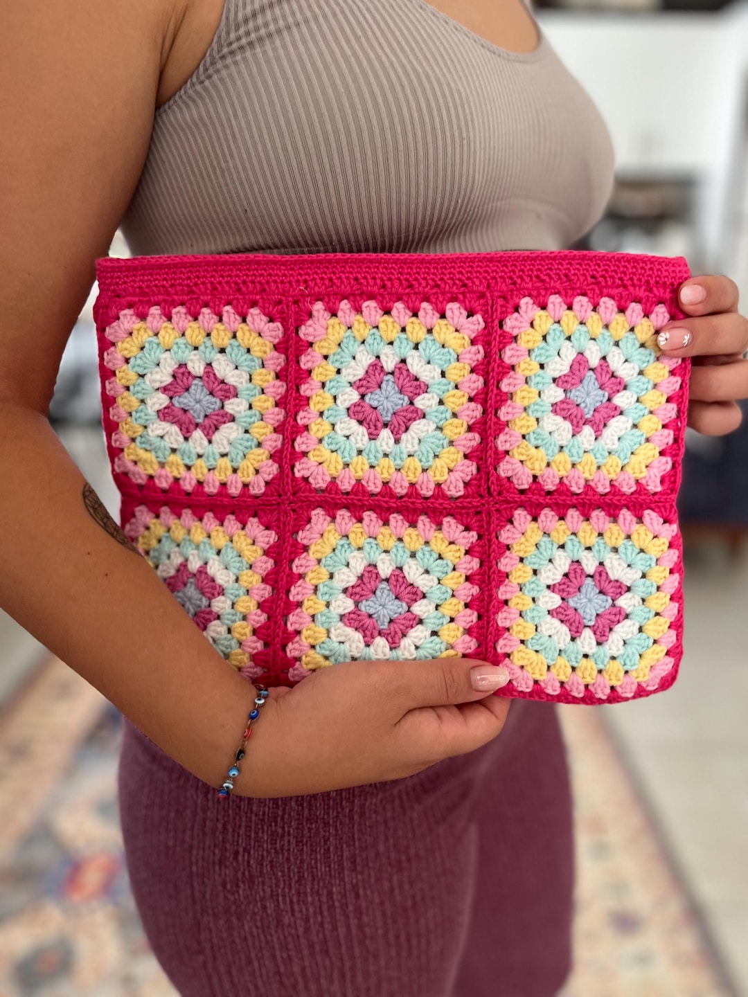 Handmade Granny Square Crochet Pouch – Colorful Boho Clutch, Evening ...