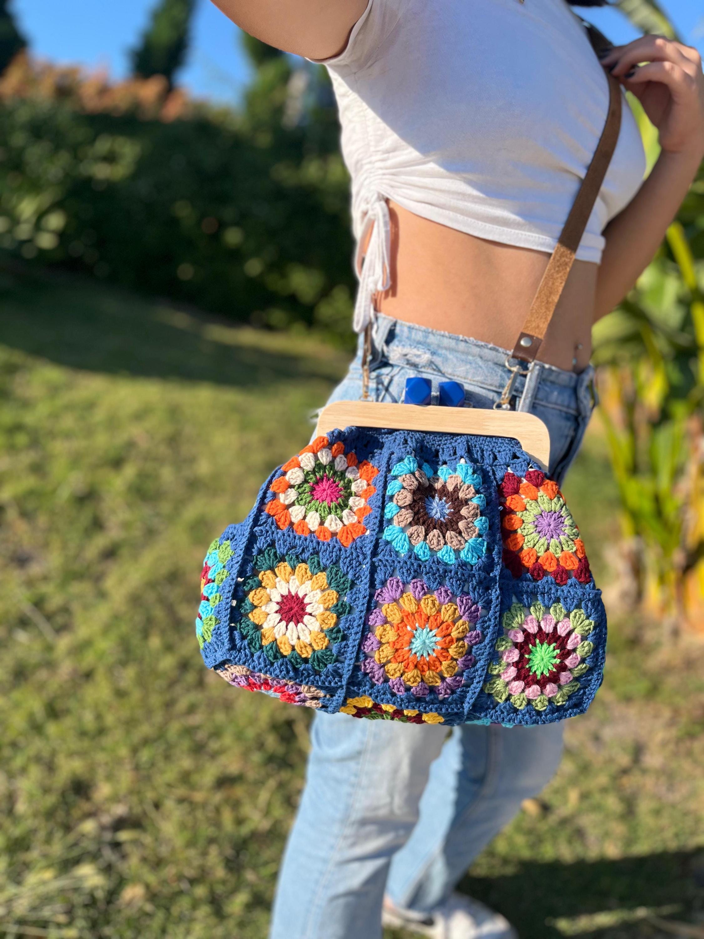 Vintage Crochet Bag - Handmade Colorful Granny Square Purse, Retro Boho ...