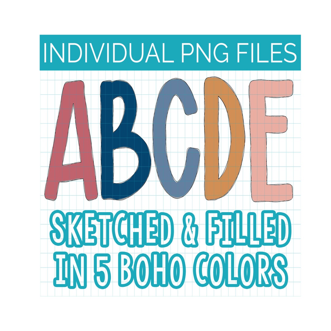 Digital Download | Handwritten Doodle Sketch Alphabet in 5 Boho Colors ...