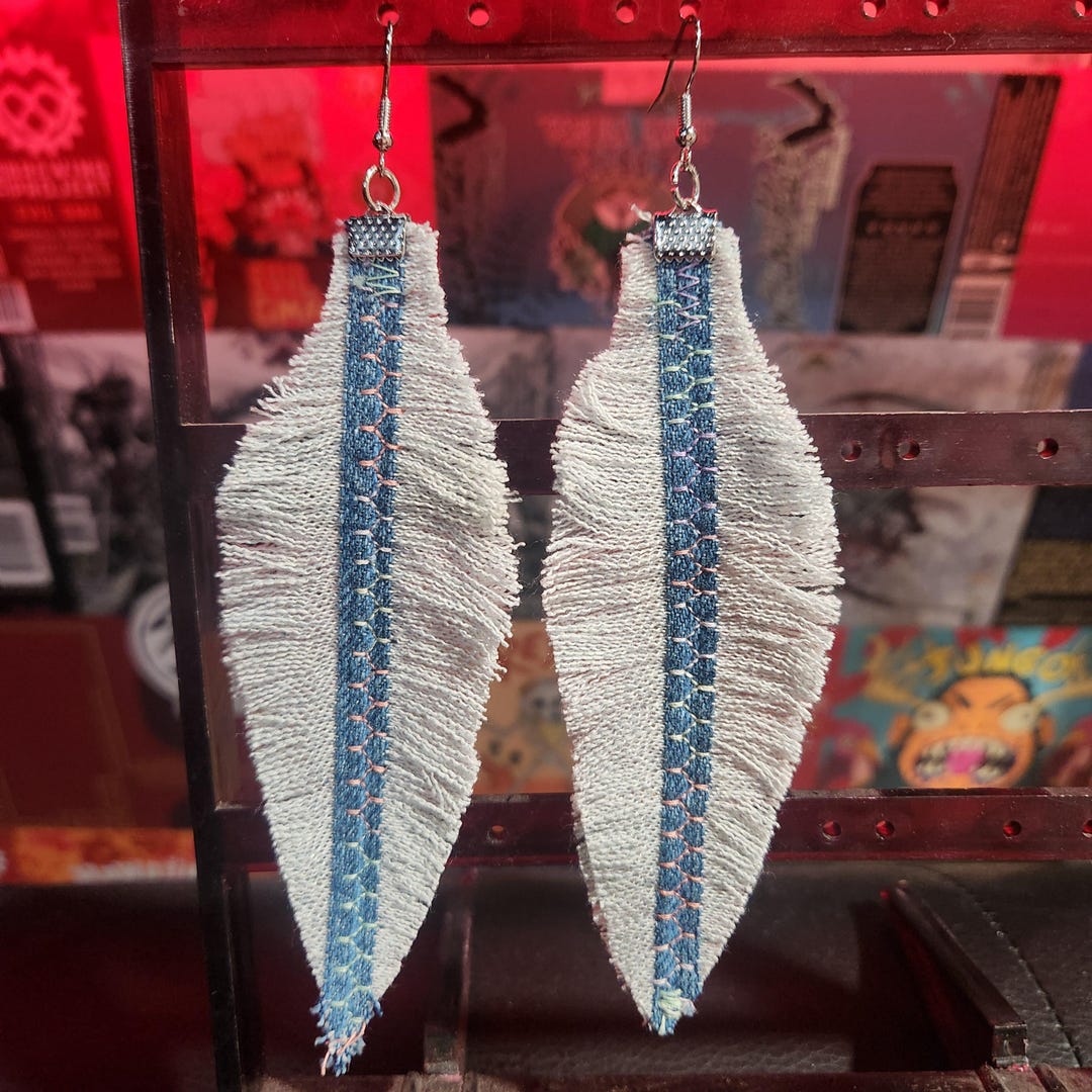 Upcycled Denim Feather Earrings. - Etsy