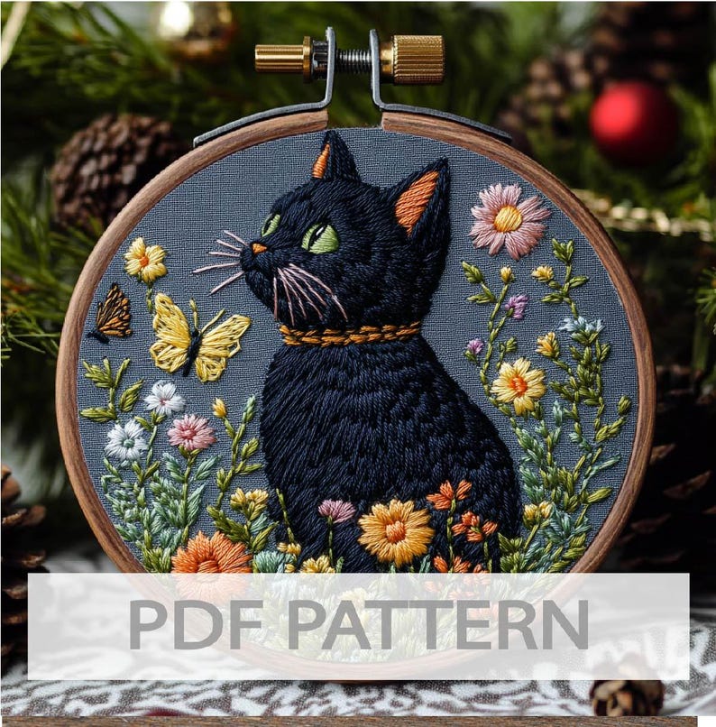 Cat Embroidery Pattern Cat and Wildflowers Embroidery Floral Cat ...