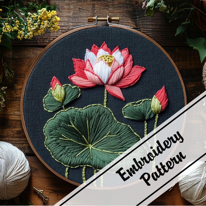 Lotus Embroidery Pattern Lotus Pond Embroidery Lotus Leaf Embroidery ...