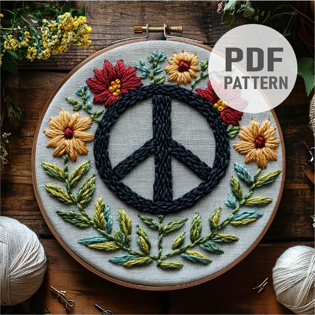 Peace Sign Embroidery Pattern Floral Peace Embroidery Peace Embroidery ...