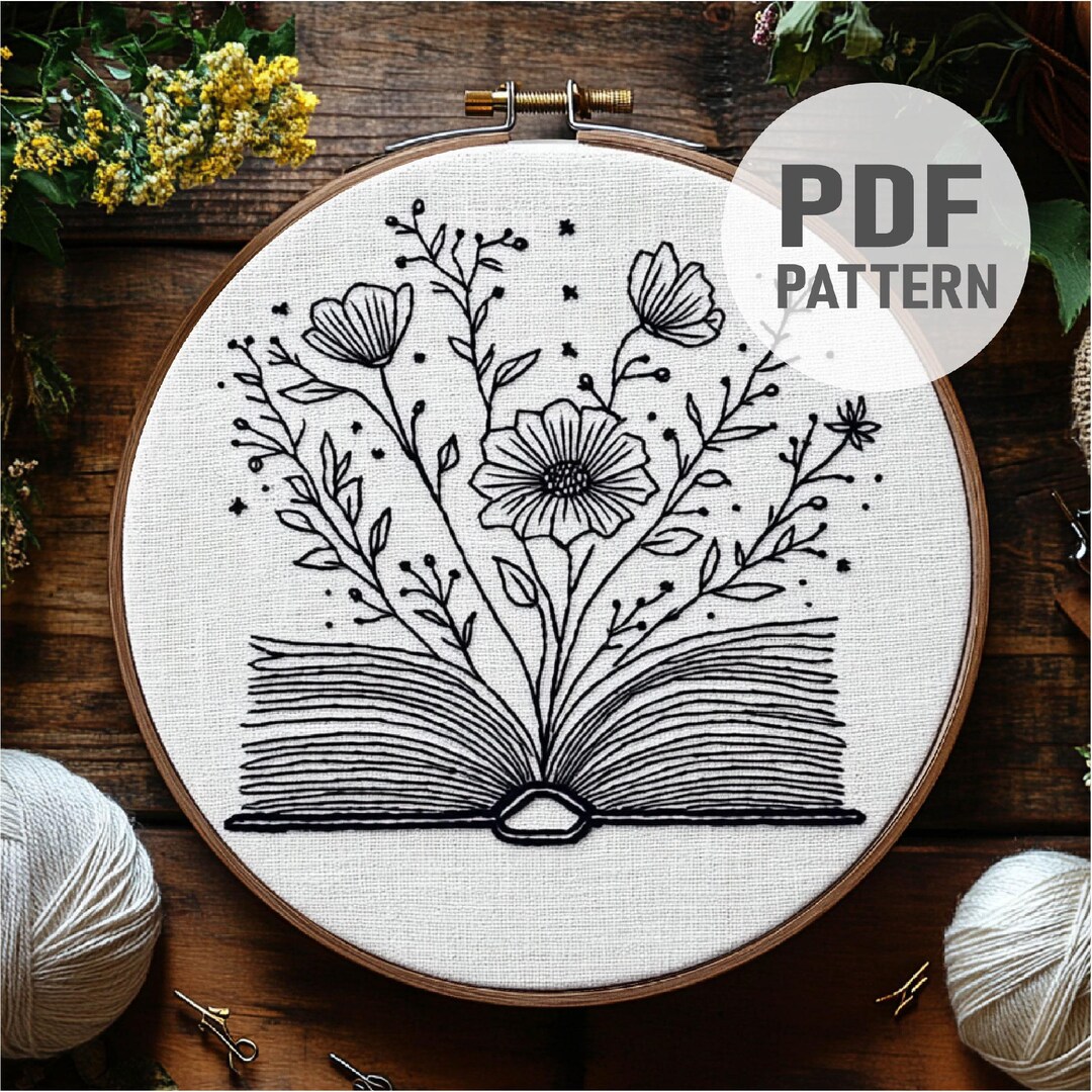 Open Book Embroidery Pattern Floral Book Embroidery Flower Line Art ...
