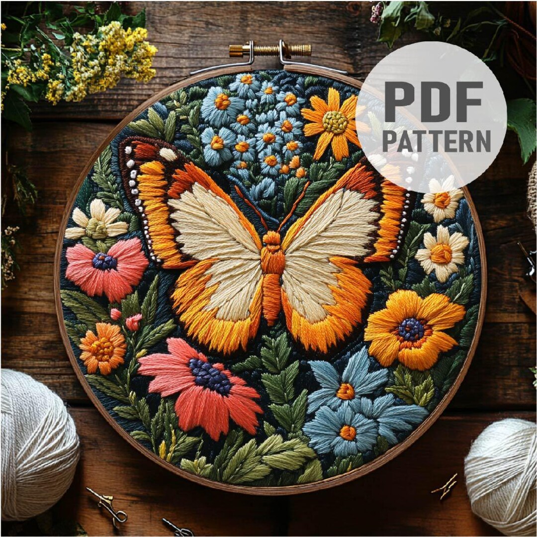 Butterfly Embroidery Pattern, Butterfly and Flowers Embroidery ...