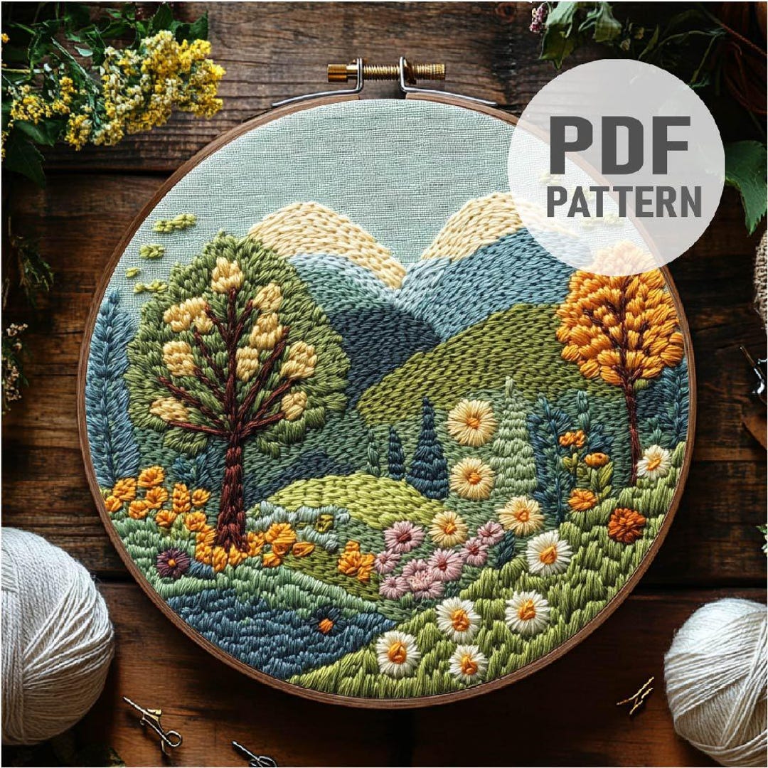 Spring Embroidery Pattern Landscape Embroidery Wildflowers Embroidery ...
