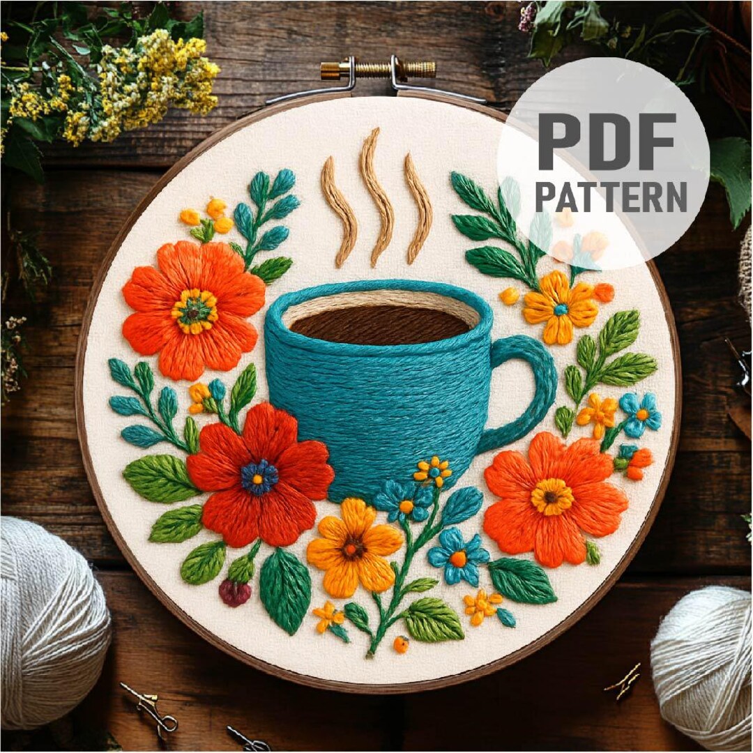 Coffee Embroidery Pattern Coffee Flower Embroidery Tea Time Embroidery ...