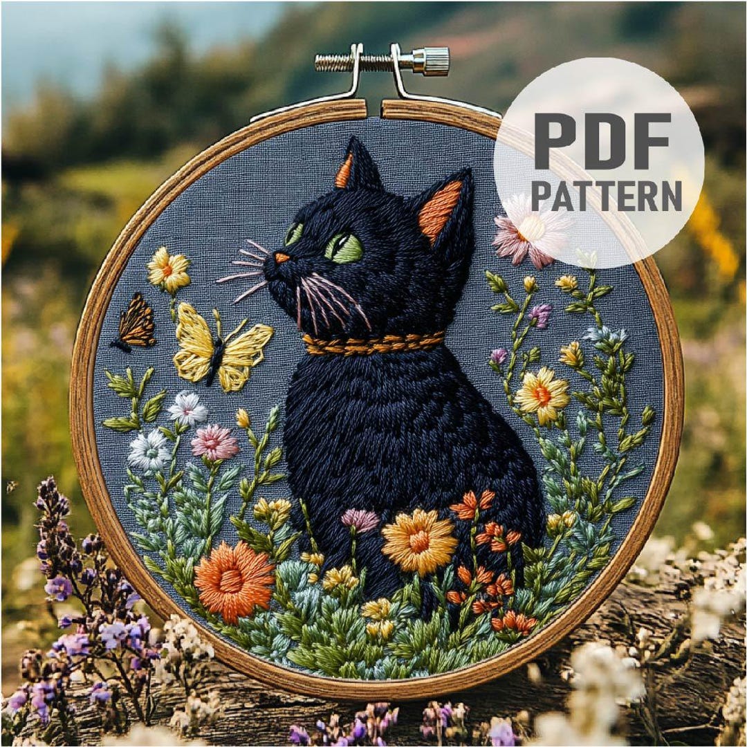 Cat Embroidery Pattern Cat and Wildflowers Embroidery Floral Cat ...