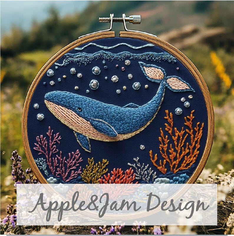 Whale Embroidery Pattern Sea Life Embroidery Whale and Coral Embroidery ...