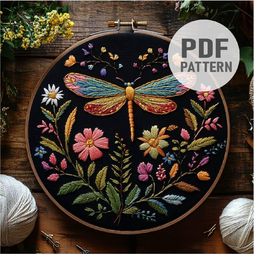 Dragonfly Embroidery Pattern Insect Embroidery Floral Dragonfly ...