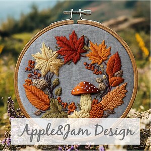 Autumn Embroidery Pattern Mushroom Wreath Embroidery Mapple Leaf ...