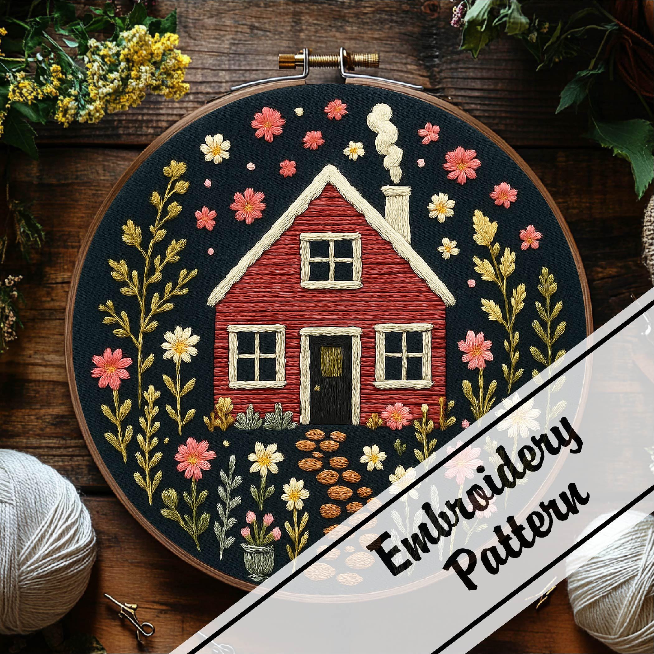 Cottage House Embroidery Pattern Cottage Garden Embroidery Floral House ...