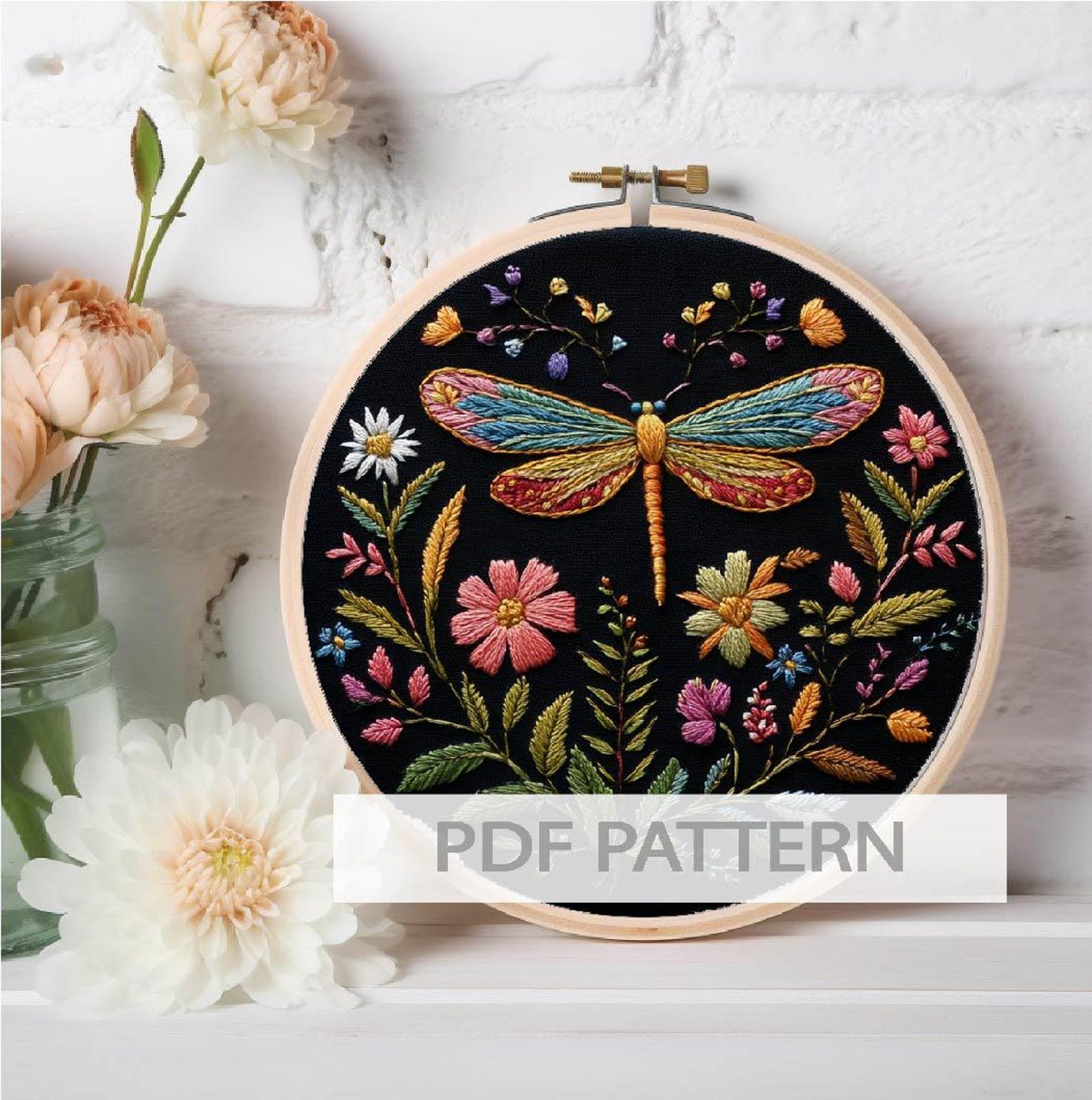 Dragonfly Embroidery Pattern Insect Embroidery Floral Dragonfly ...