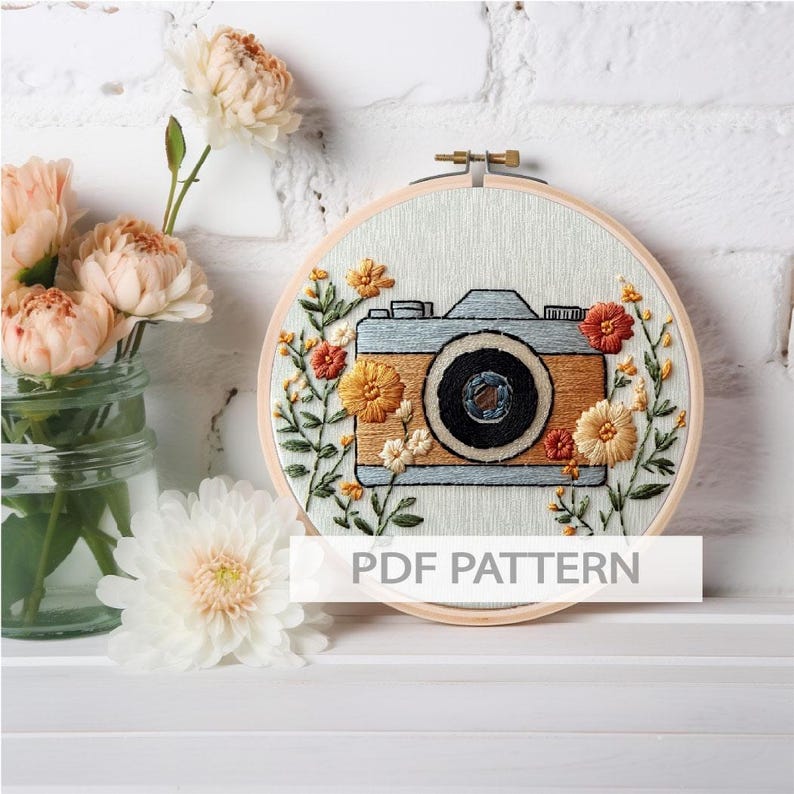 Camera Embroidery Pattern, Floral Camera Embroidery , ,camera Hoop Art ...