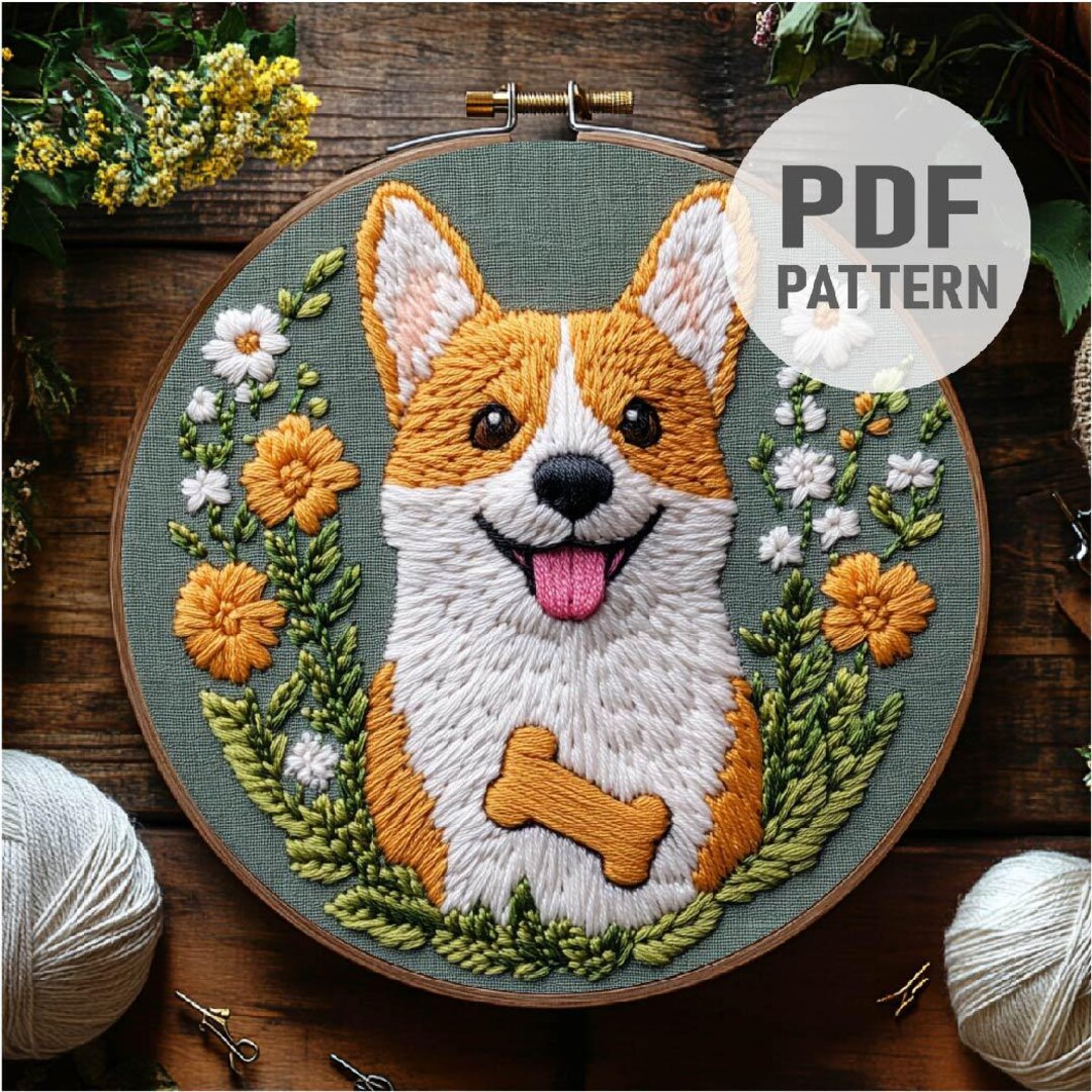 Corgi Embroidery Pattern Cute Dog Embroidery Dog and Flowers Embroidery ...